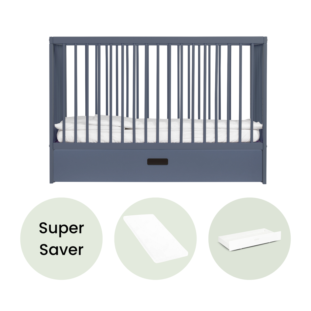 Stone Blue Mini Cot Bed 5-in-1 Bundle – Mattress & Drawer | Mokee