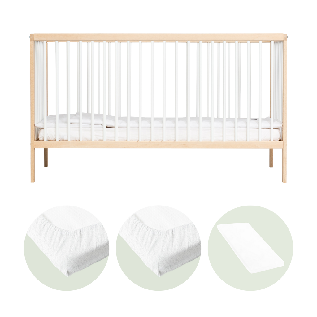 Midi Cot Bed With Mattress - Essential Bundle 4 in 1 - White Beech (14 ...